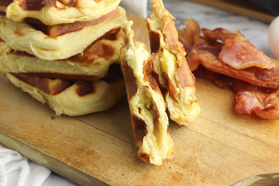 Bacon and Egg Stuffed Biscuit Waffles - Moore or Less Cooking