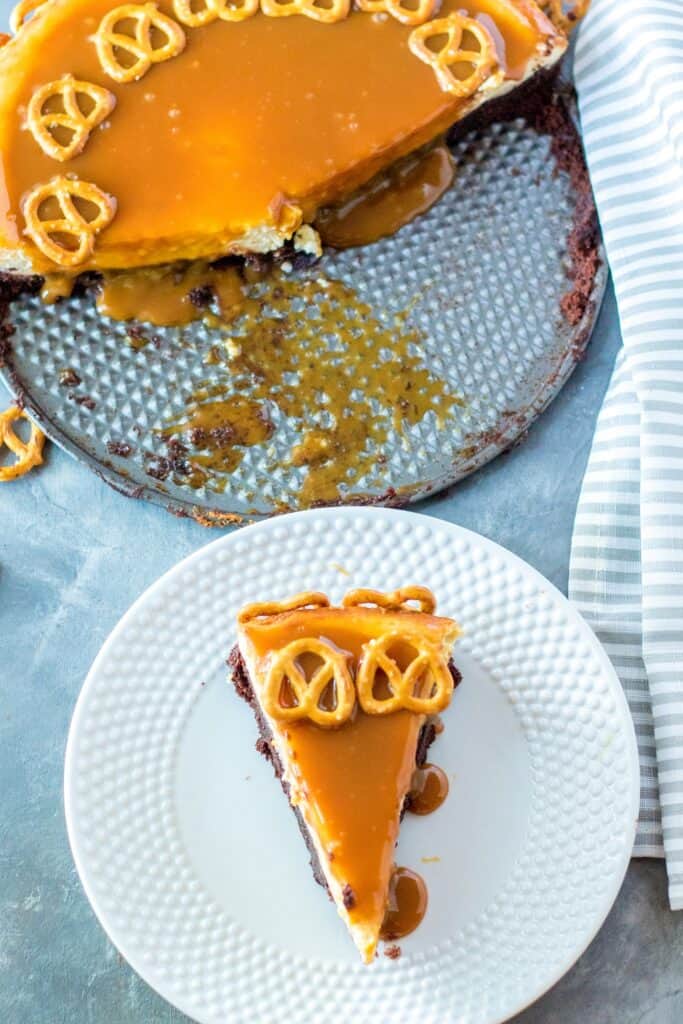Brownie Bottom Salted Caramel Cheesecake - Moore or Less Cooking