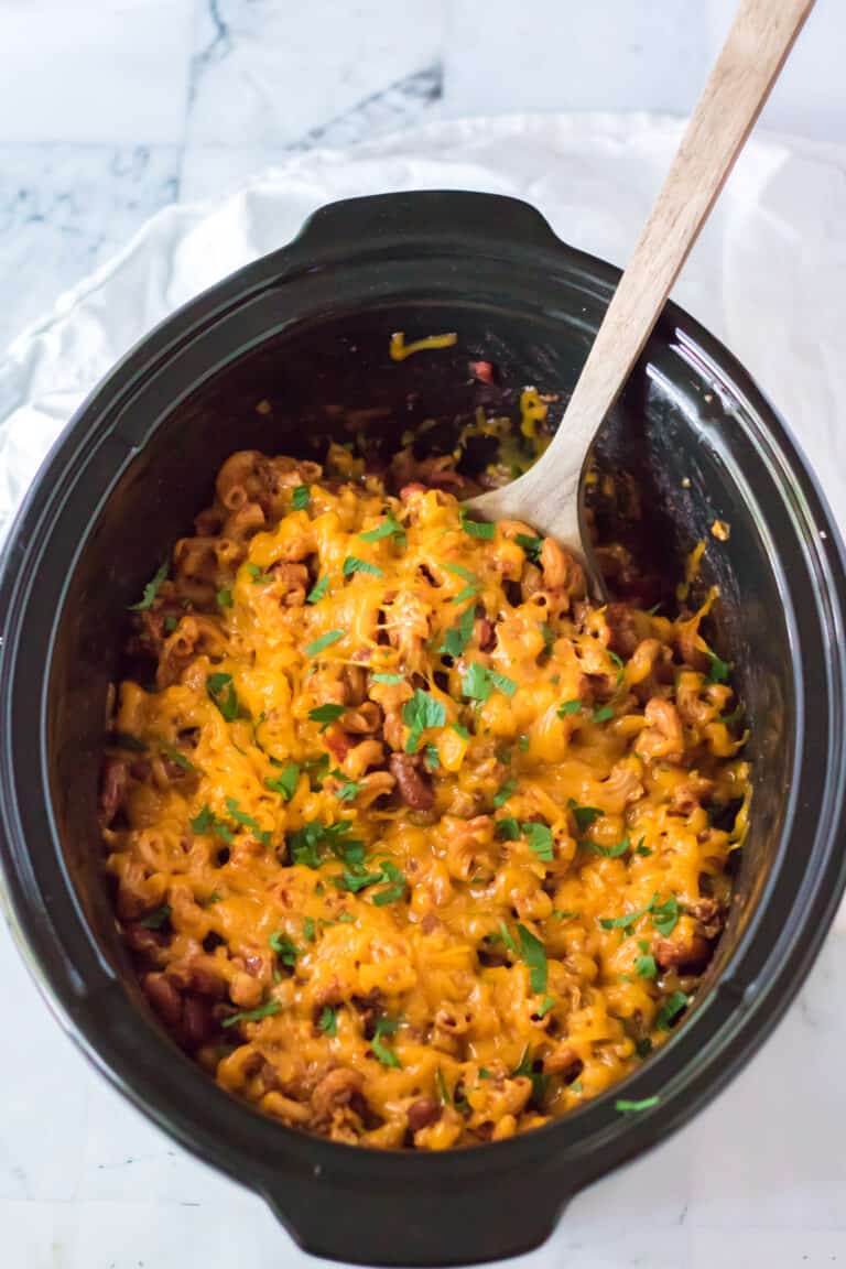 Slow Cooker Chili Mac - Moore or Less Cooking