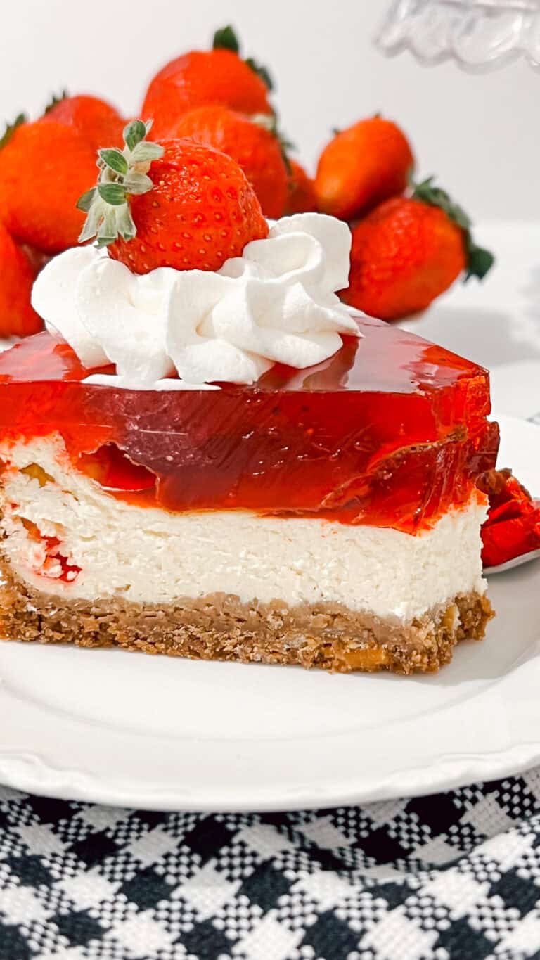 Strawberry Pretzel Salad Cheesecake - Moore or Less Cooking